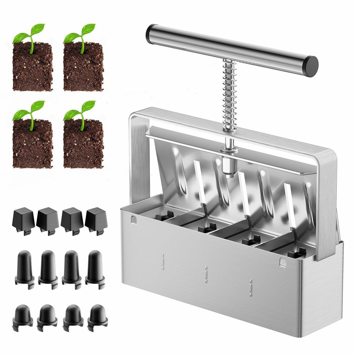 Soil Blocker,4 Cell Soil Block Maker 2 Inch with 3 Sizes Seed Pins,Seed ...