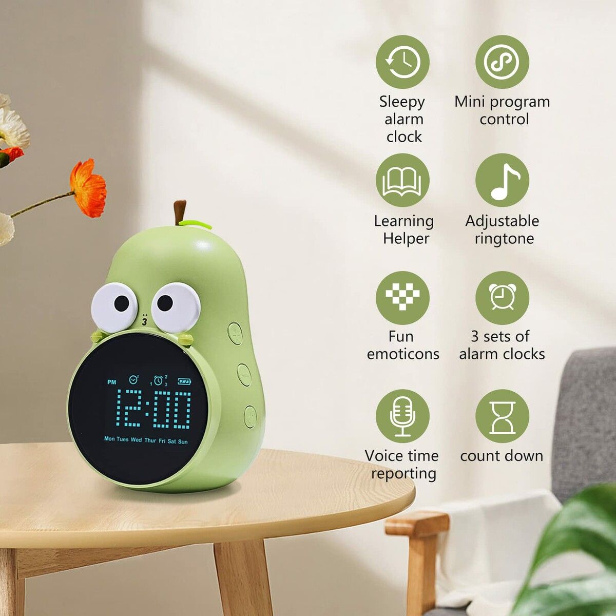 Alarm Clock for Kids, Pear-Shaped Kids Digital Rechargeable Clocks for ...