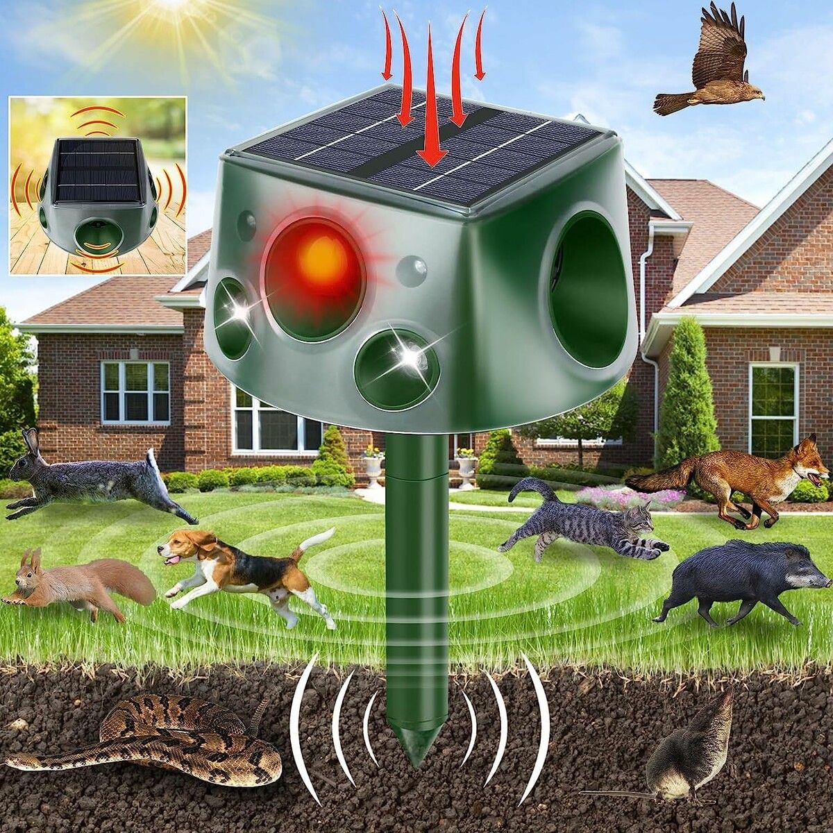 Solar Ultrasonic Animal Repeller, 4-Sided 360° Outdoor Cat Repeller ...