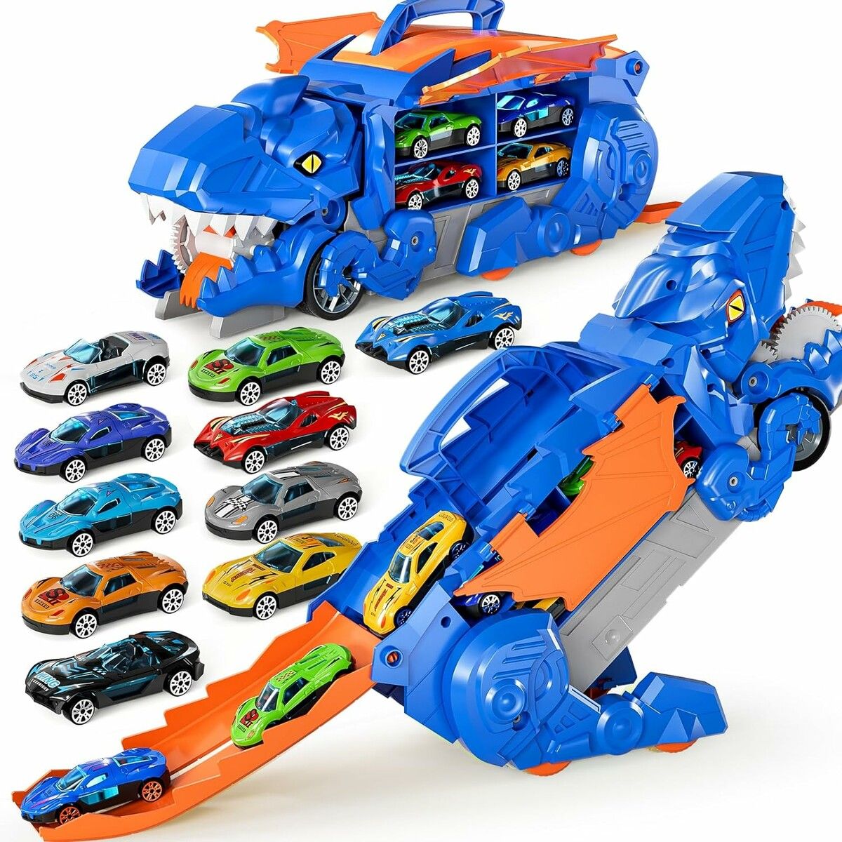 Transformed Truck Toy with 12 Mini Random Racing Cars, Dino Transport ...