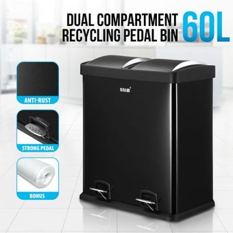 60L Dual Compartment Pedal Garbage Rubbish Bin Stainless Steel Kitchen ...