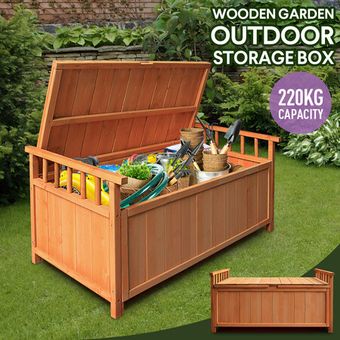 Outdoor Storage Box Wooden Garden Bench Toy Tool Cabinet Patio Bin Deck ...