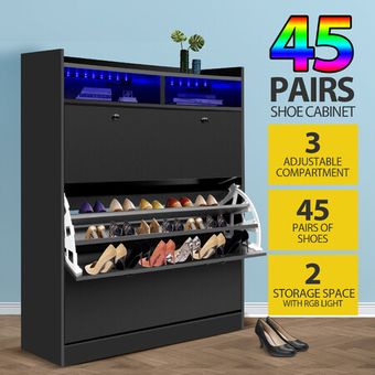 Wooden Shoe Storage Cabinet Rack Organiser Shelf Drawer Black High ...