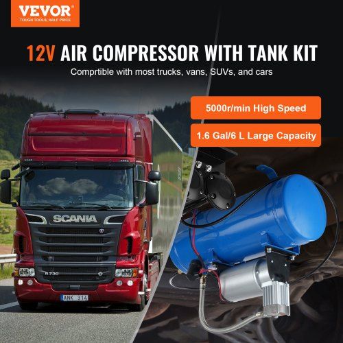 12V Air Compressor with Tank 1.6 Gallon/6 L, Train Horn Air Compressor ...