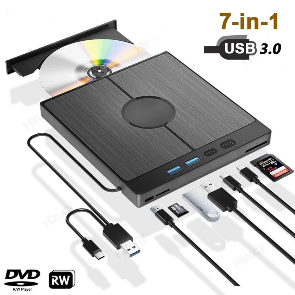 7-in-1 USB 3.0 Type-C External Optical Drive - Read and Write CDs and DVDs on Your Windows, Mac ...