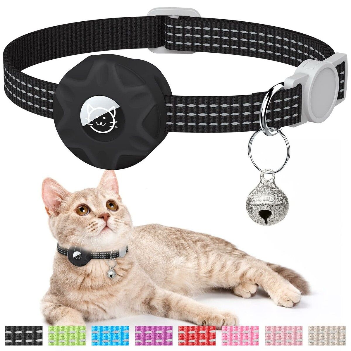 Reflective GPS Cat Collar with AirTag Holder and Bell,Lightweight Tracker Collar for Cats and ...