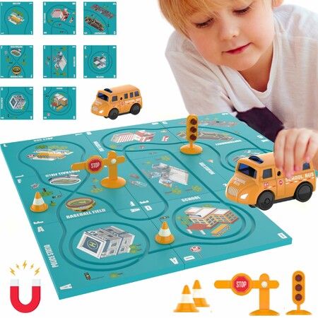 Puzzle Racer Kids Car Track Set with School Bus Vehicle Montessori ...