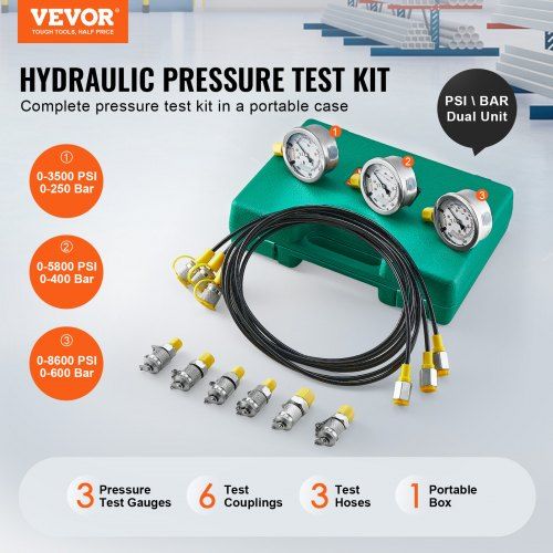 Hydraulic Pressure Test Kit 250/400/600bar 3 Gauges 6 Test Couplings 3 ...