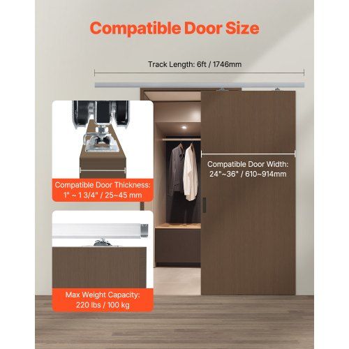 Pocket Door Track Kit 1.75m Heavy Duty Pocket Door Hardware Kit 3 Wheels