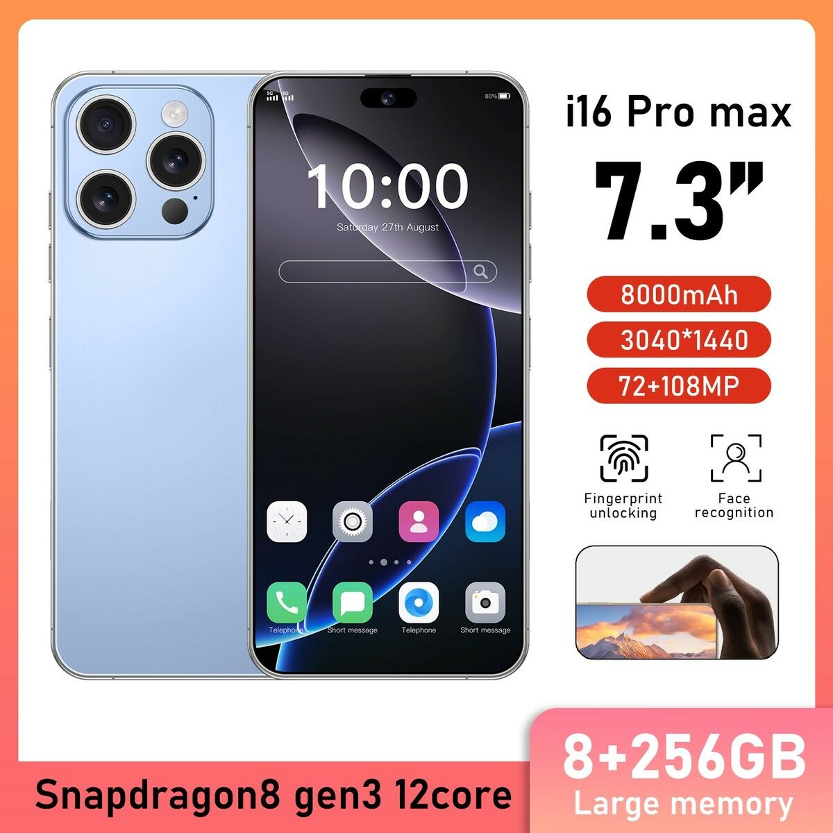 4G Android Smartphone 7.3inch Dual SIM Mobile Phone Unlocked 8GB+256GB ...