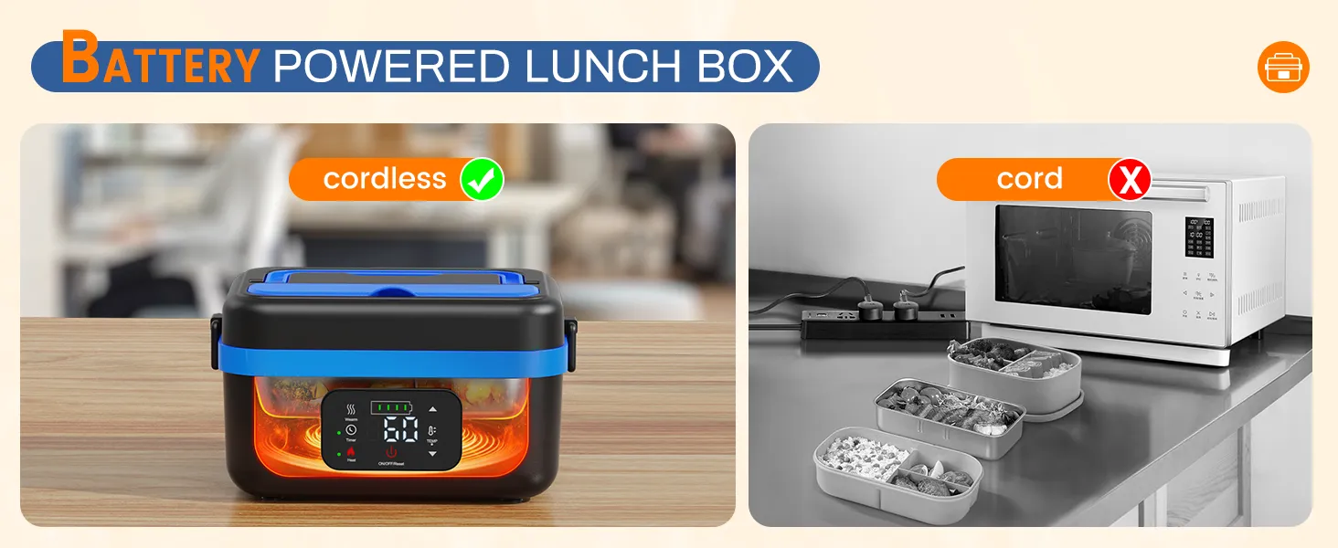 Heated Lunch Box Cordless Rechargeable Food Warmer 16000mAh Battery 1L ...