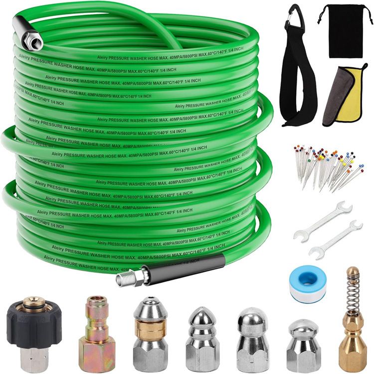 14 PCS Set Green 50 FT Sewer Jetter Kit for Pressure Washer 5800PSI Drain Cleaner Hose 1/4 Inch ...