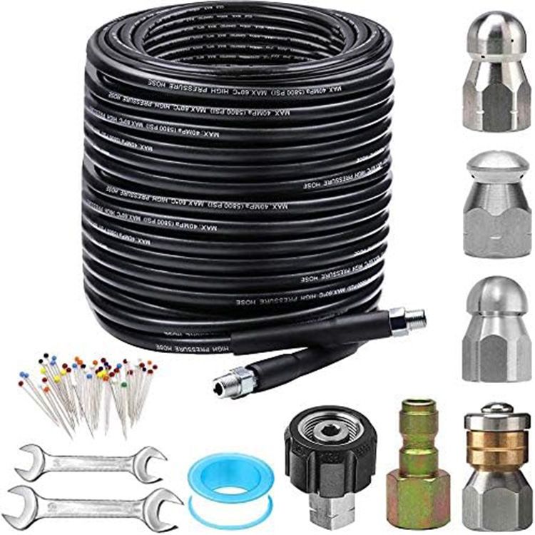 10 PCS Set Black 50 FT Sewer Jetter Kit for Pressure Washer 5800PSI Drain Cleaner Hose 1/4 Inch ...