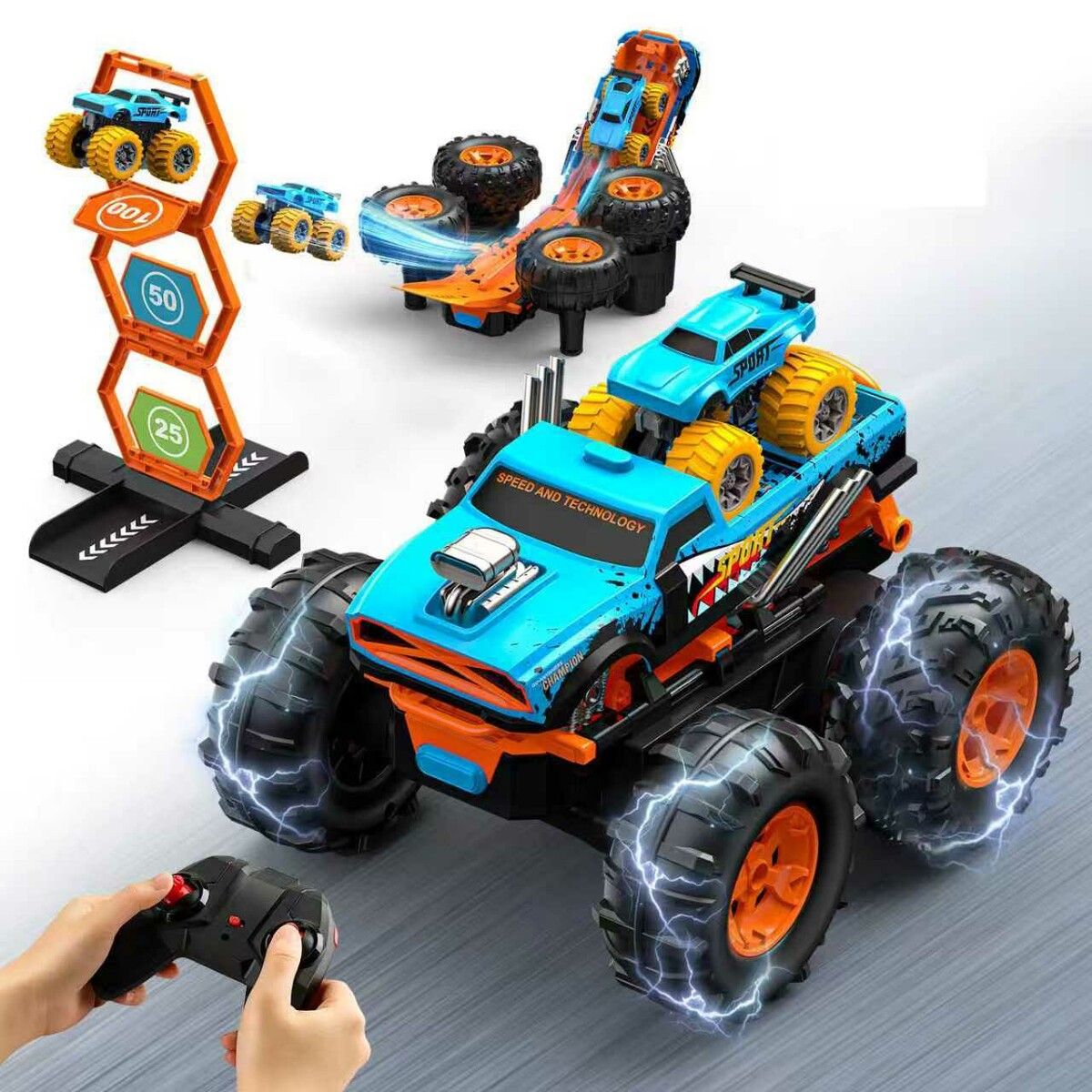 2-in-1 Remote Control Car with Transform Launcher Track 1:16 RC Monster ...