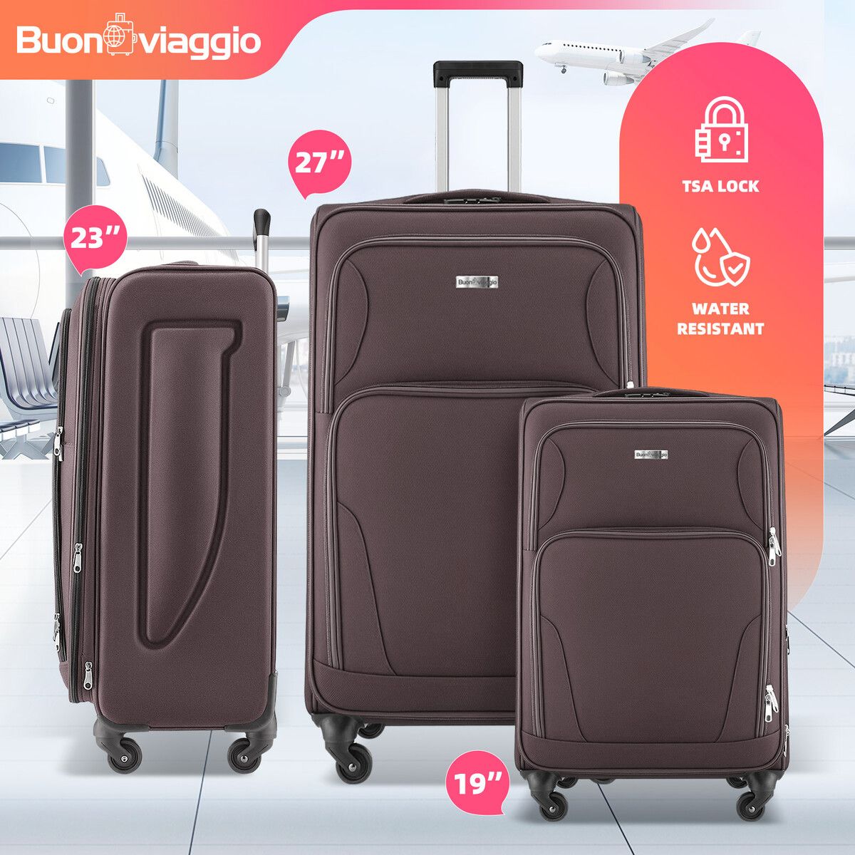 3 Piece Luggage Travel Set Suitcases Soft Shell Carry On Trolley TSA ...