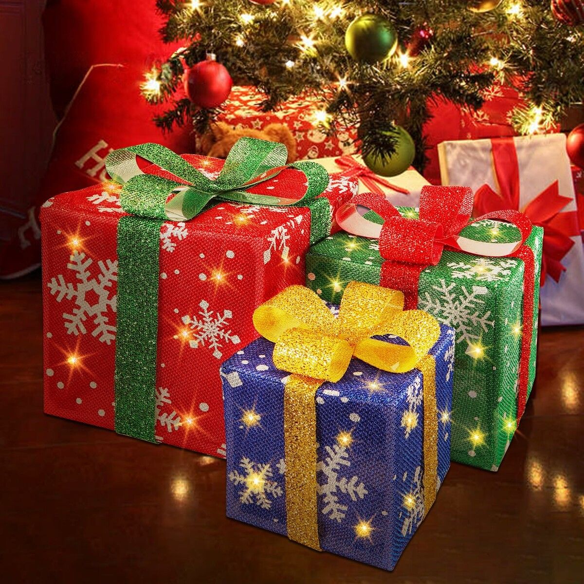 Christmas Lighted Gift Boxes 3 Pack SNOWFLAKE BOW Lighted Boxes Light ...