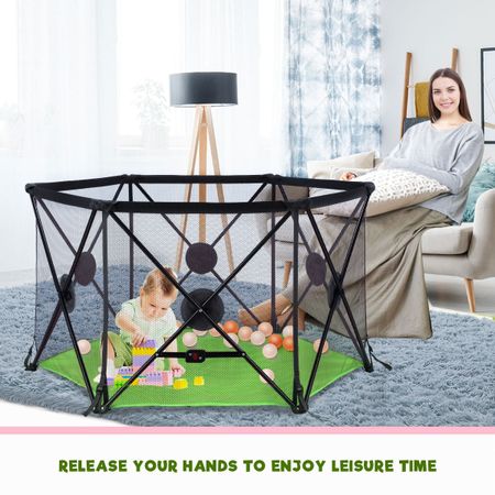 Kidbot Travel Child Pop Up Playpen Foldaway Baby Playpen 6-Panel Green ...