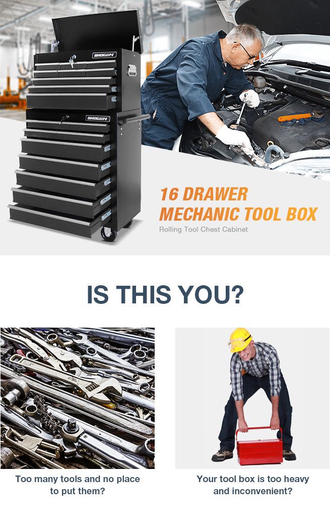 Shogun Mechanic Tool Box on Trolley with 16 Drawers, Side Handles and 4 ...