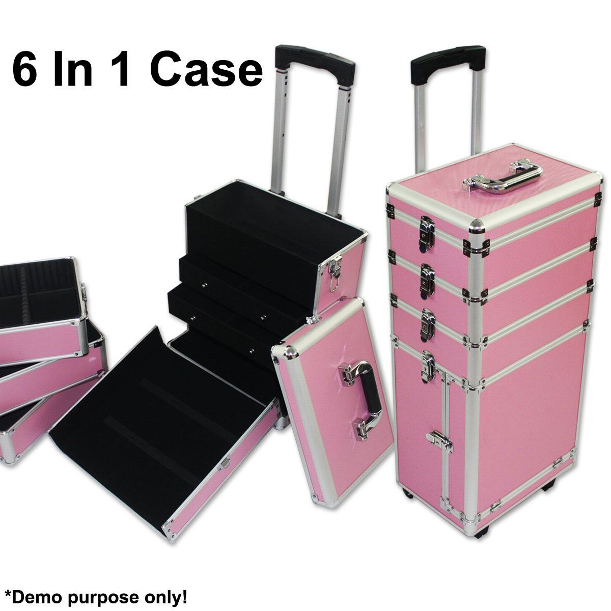 6 in 1 Portable Cosmetics Carry Case Makeup Box With Trolley- Pink ...