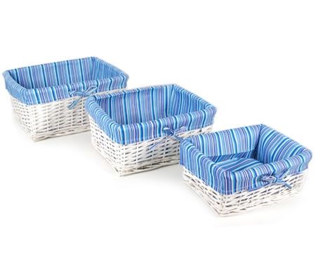 Lined White Willow Storage Boxes - Set of 3, Blue Stripes