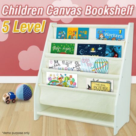 5 Level Tier Childrens Canvas Book Shelf Display Unit - White | Crazy Sales