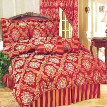Queen Size Burgundy Jacquard 7 Piece Comforter Set