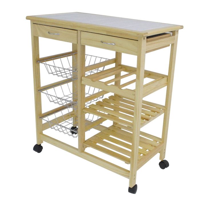 Wooden Kitchen Trolley - 2 Drawer, 3 Baskets, 2 Shelves & a Wine Rack ...