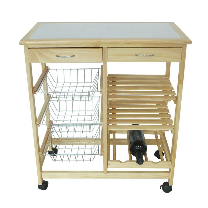 Wooden Kitchen Trolley - 2 Drawer, 3 Baskets, 2 Shelves & a Wine Rack ...