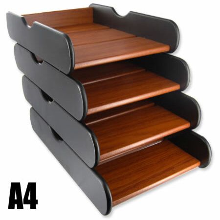 4-Tier Document Tray A4 Wooden Desk Paper Organiser Storage Box