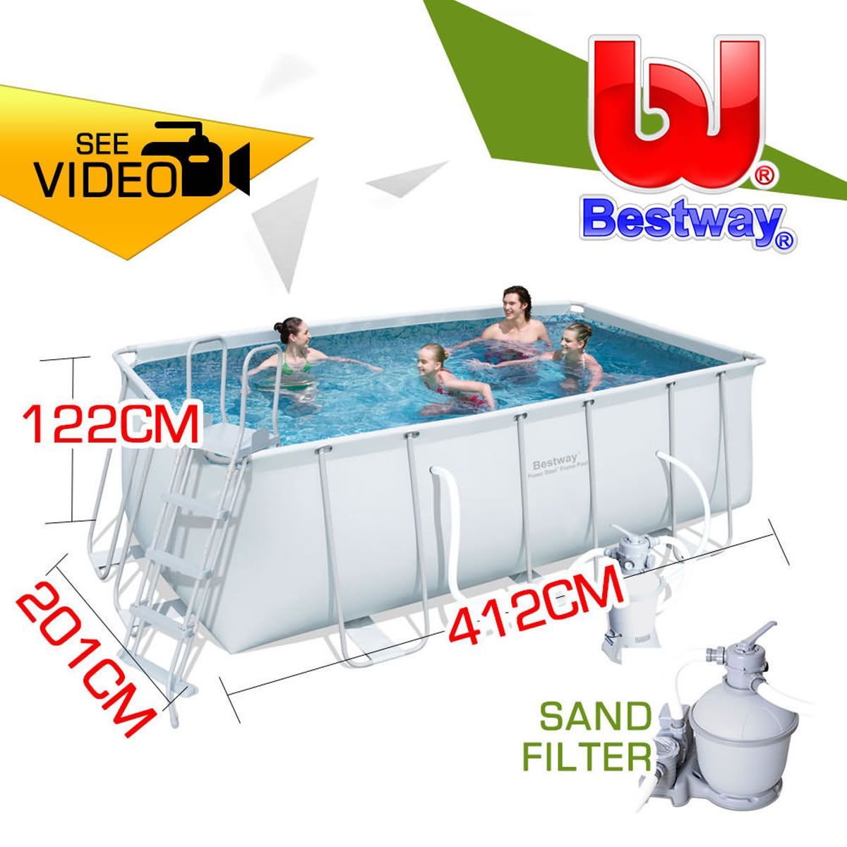 Bestway Above Ground Rectangular Swimming Pool w Steel Pro Frame & Sand ...