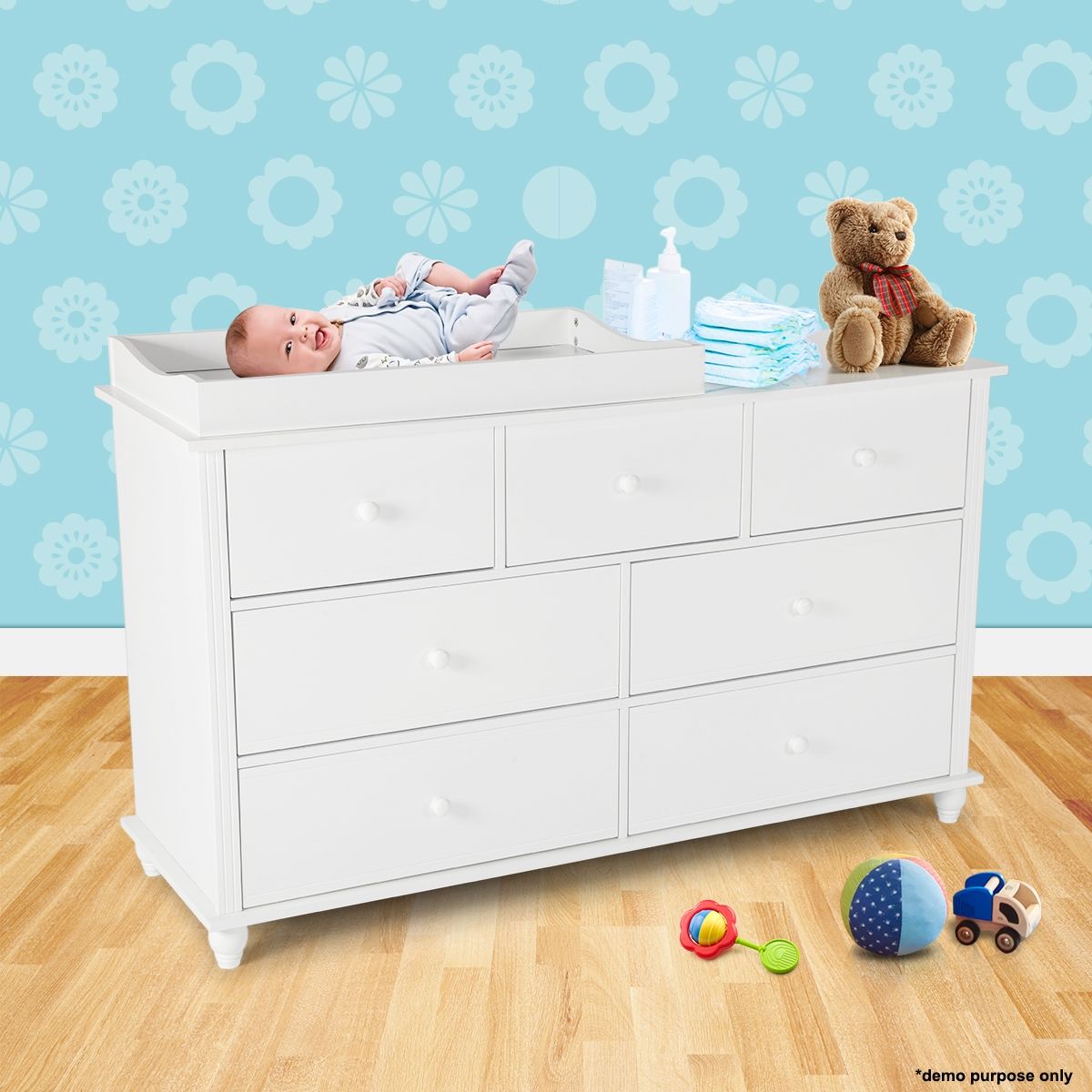 White Baby Changing Table with Seven Drawers-Small