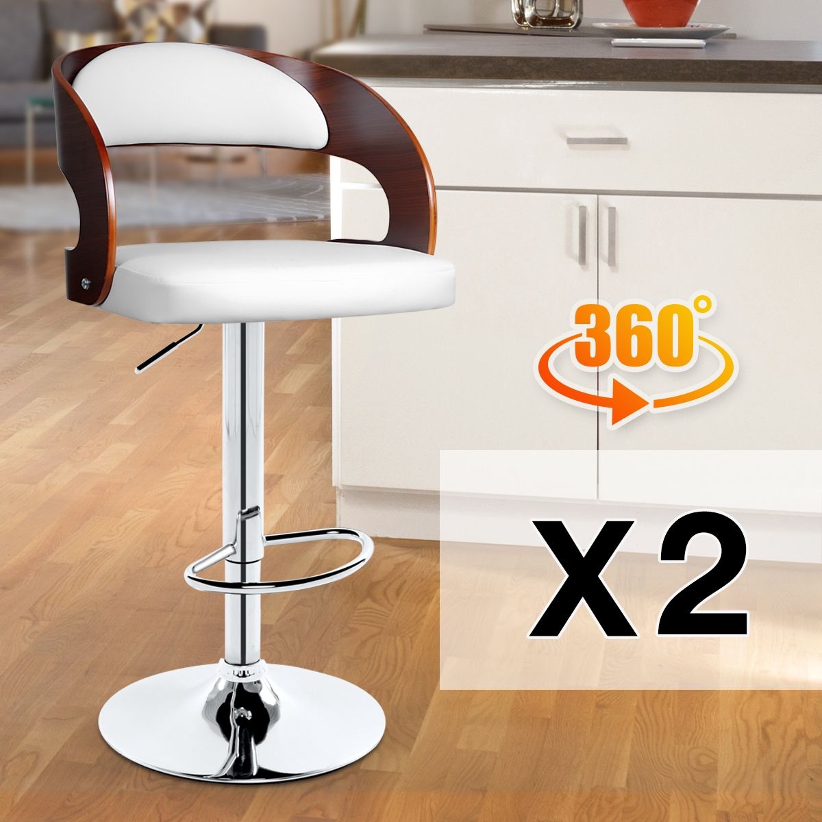 Set of Round Walnut Veneer Bar Chairs-White